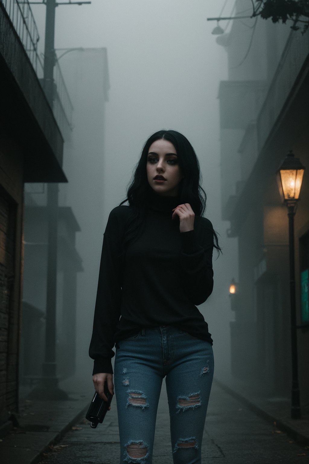 In a dimly lit, misty alleyway | image created by SKLTNC | Tensor.Art