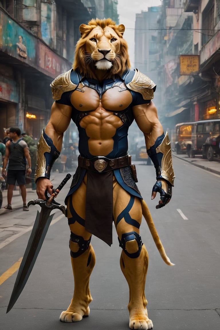 bodybuilder lion, big k9 fangs | image created by hagar2552 | Tensor.Art