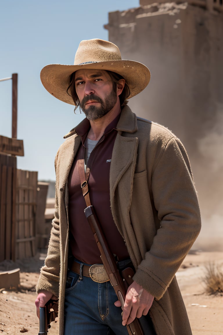 He dons his iconic cowboy hat, | image created by Dark Cat | Tensor.Art