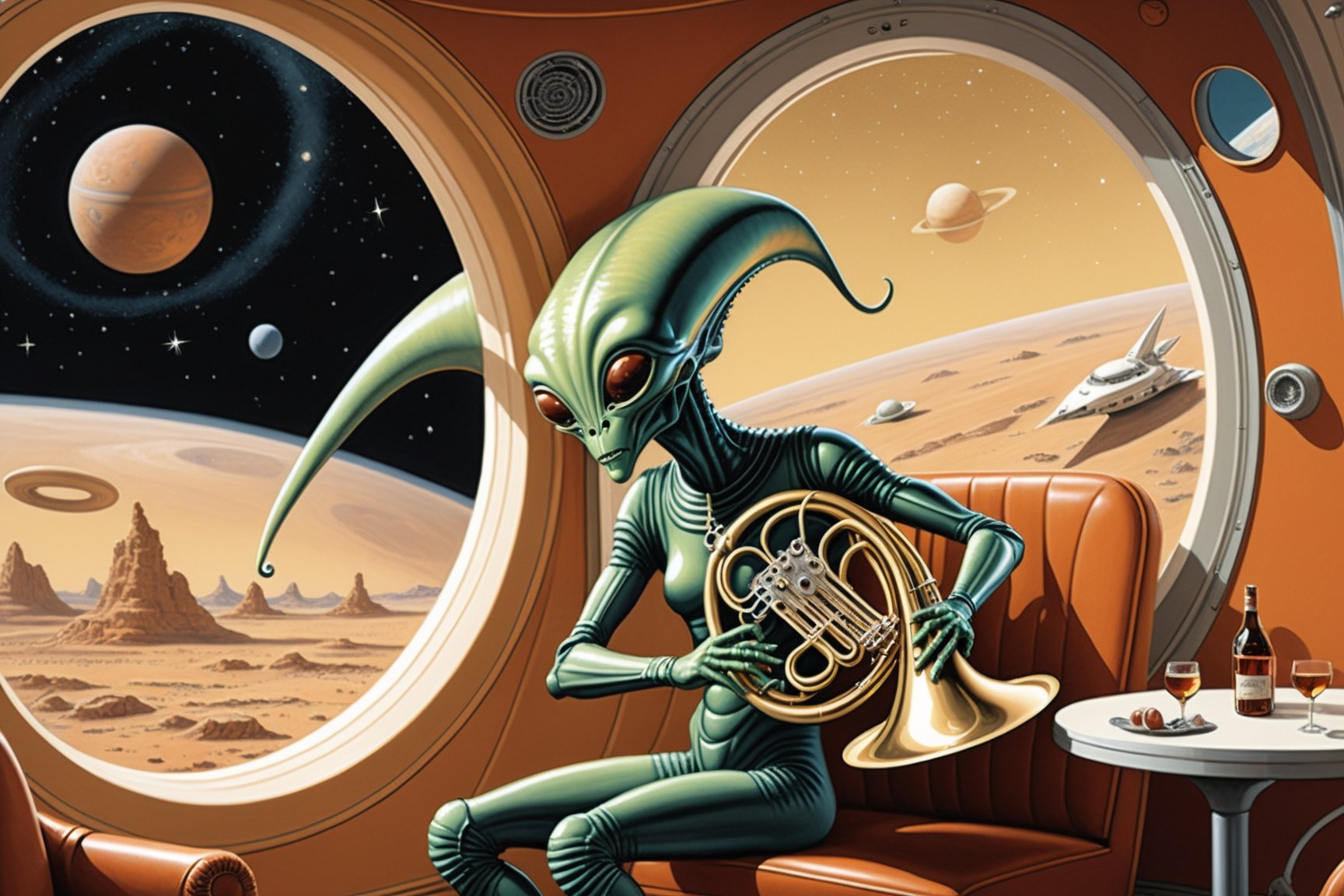 Alien playing a French horn | image created by RAYSHARK1 | Tensor.Art