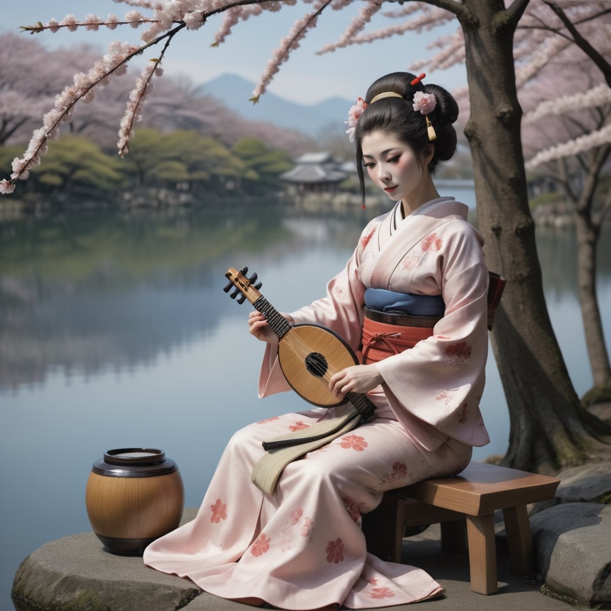 Beautiful geisha plays shamise | image created by Freek22 | Tensor.Art