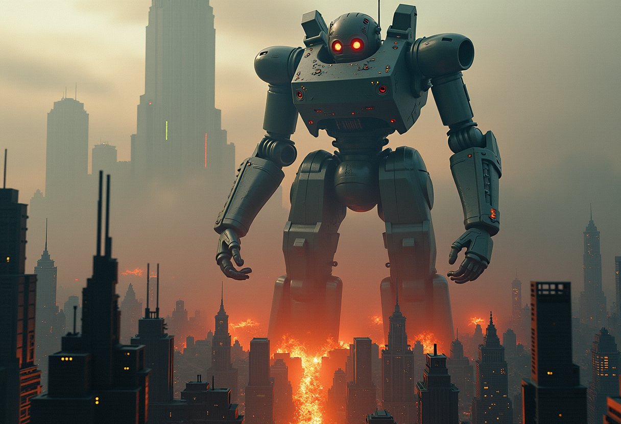 Giant robot city destruction | image created by doorskim | Tensor.Art
