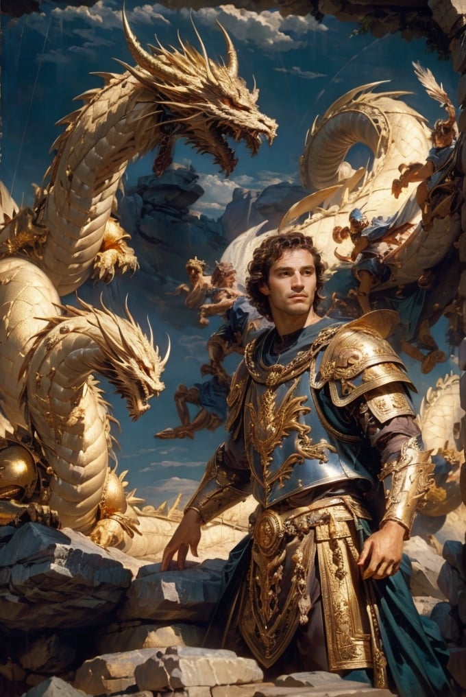 The Golden Knight, the Dragon | image created by FINNNNNNNNNN | Tensor.Art
