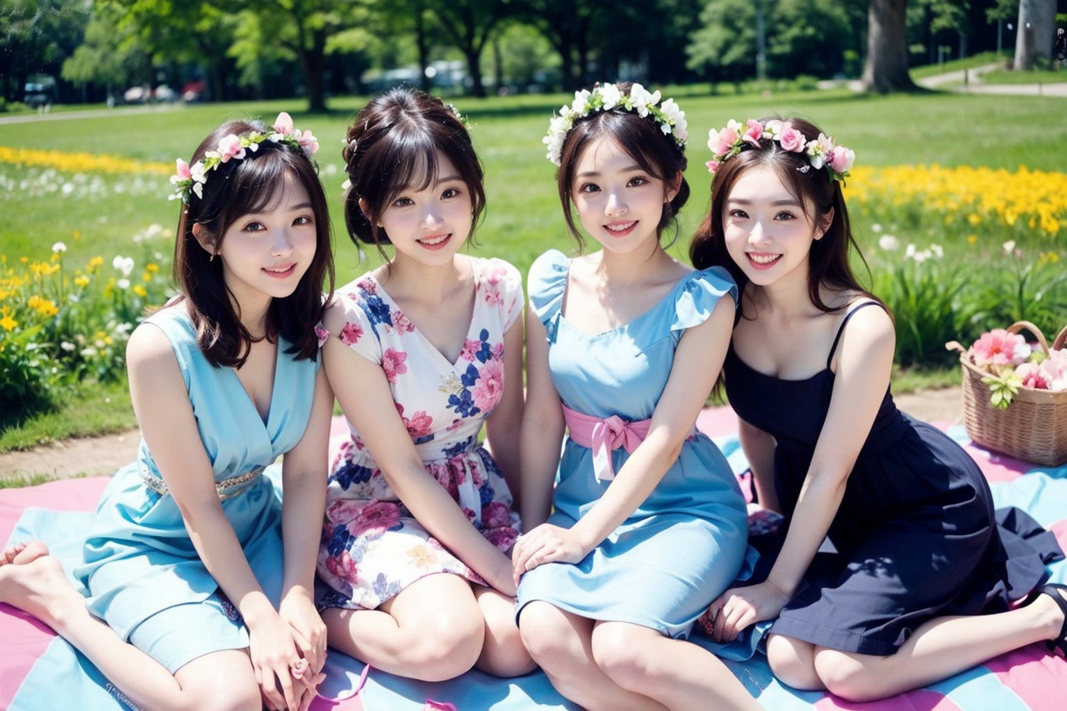 4 girls sit on the picnic mat | image created by T a i w a n | Tensor.Art