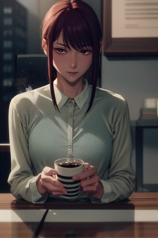 makima drinking coffee, cinema | image created by user ...