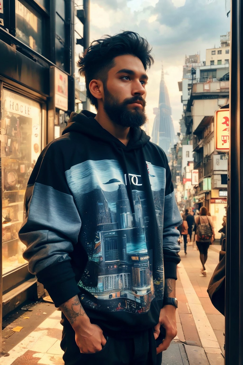 man,outdoor,city background,po | image created by | Tensor.Art
