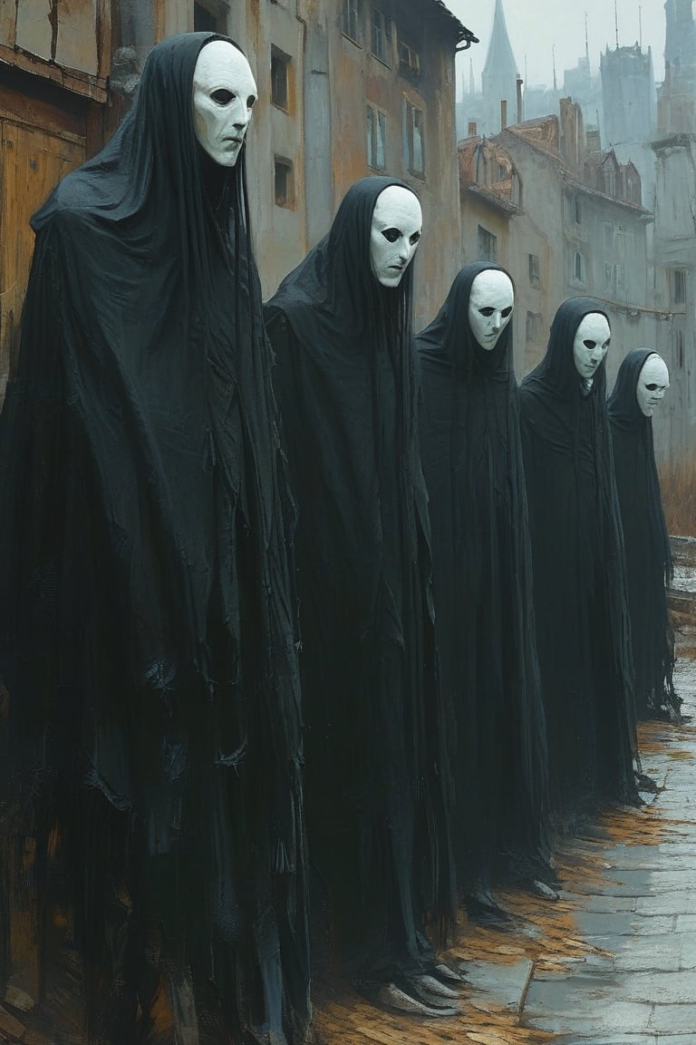 A group of eerie, white-faced | image created by Yabba | Tensor.Art