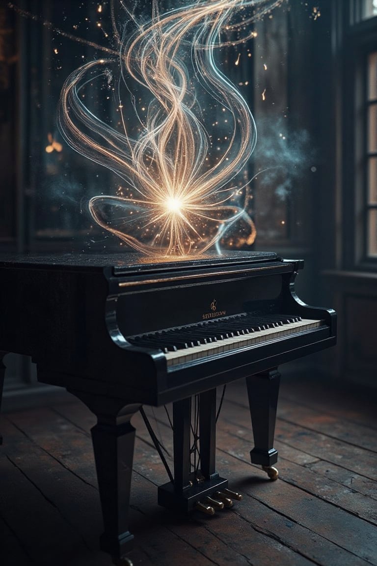 An elegant grand piano sits in | image created by Emjay | Tensor.Art