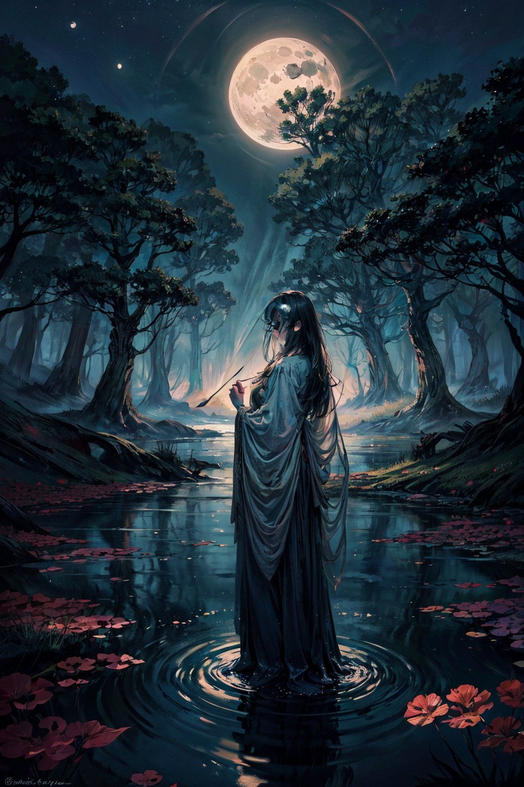 Woman in a dark forest with a | image created by Solryn | Tensor.Art