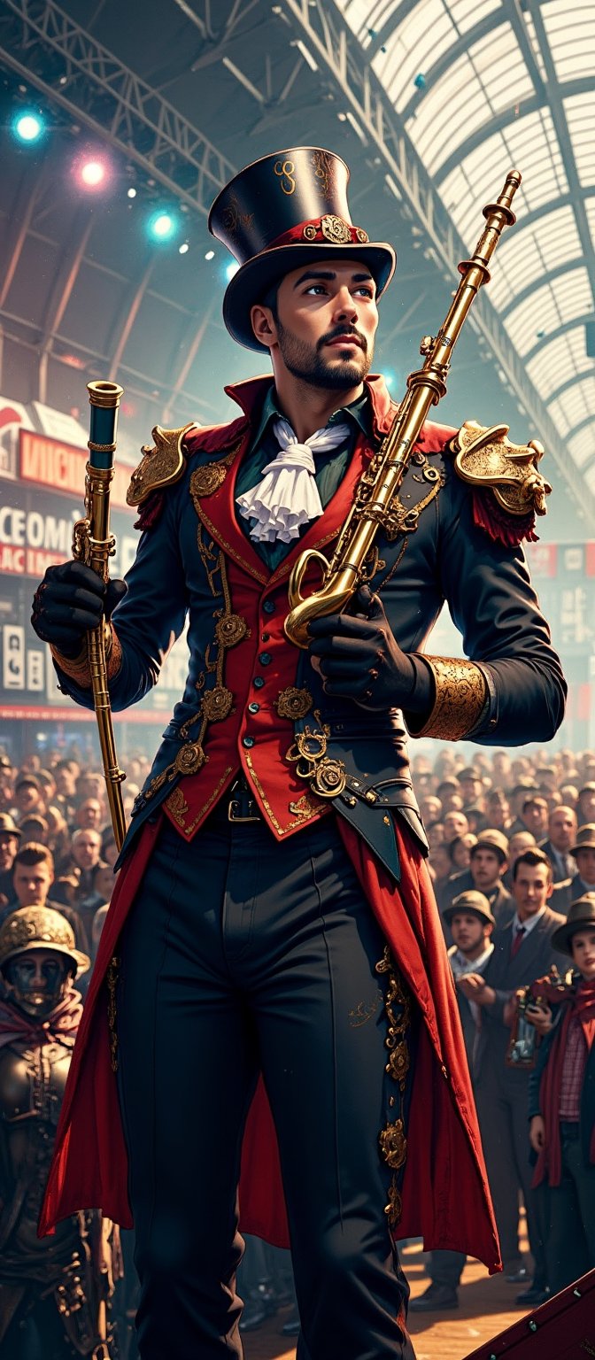A steampunk musician holding a | image created by Caption Master ...