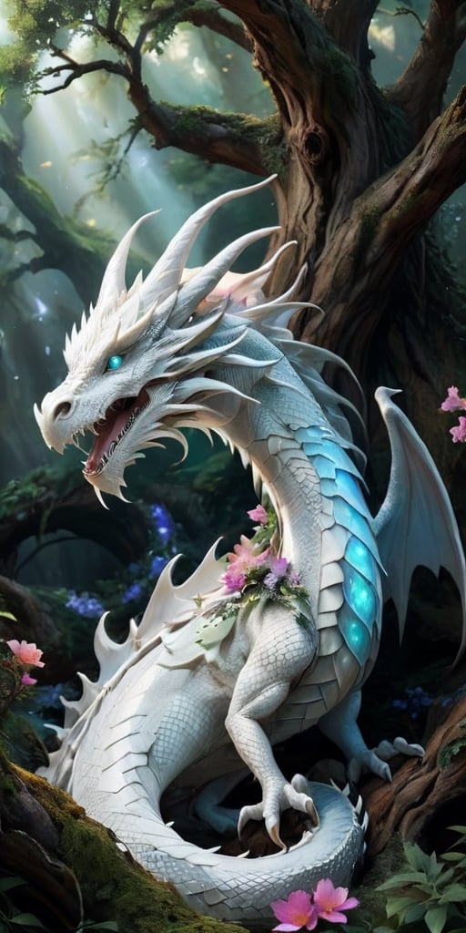 A mystical white dragon curled | image created by Caption Master ...