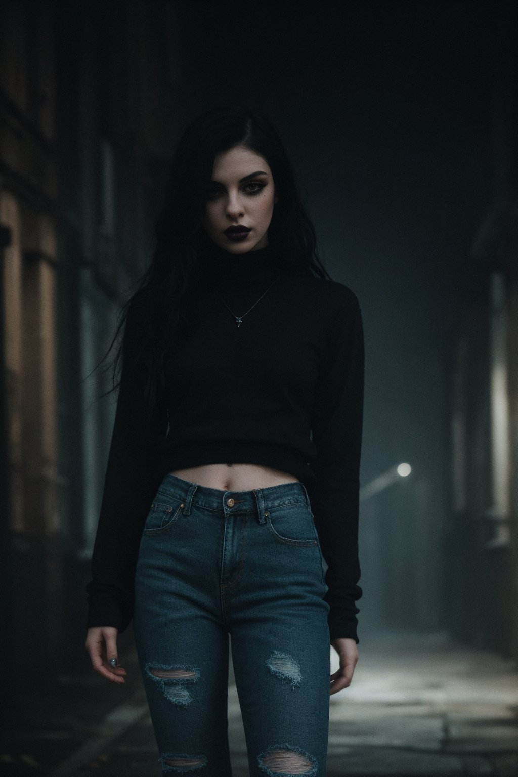 In a dimly lit, misty alleyway | image created by SKLTNC | Tensor.Art