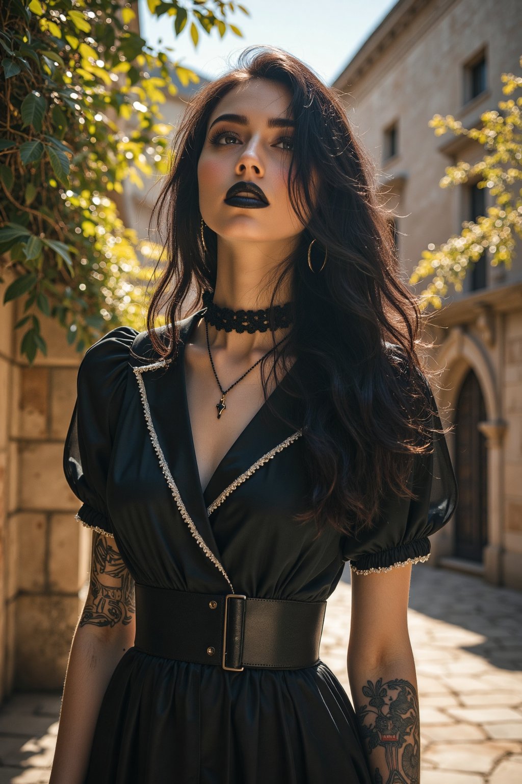 A goth woman stands in a sun-d | image created by SKLTNC | Tensor.Art