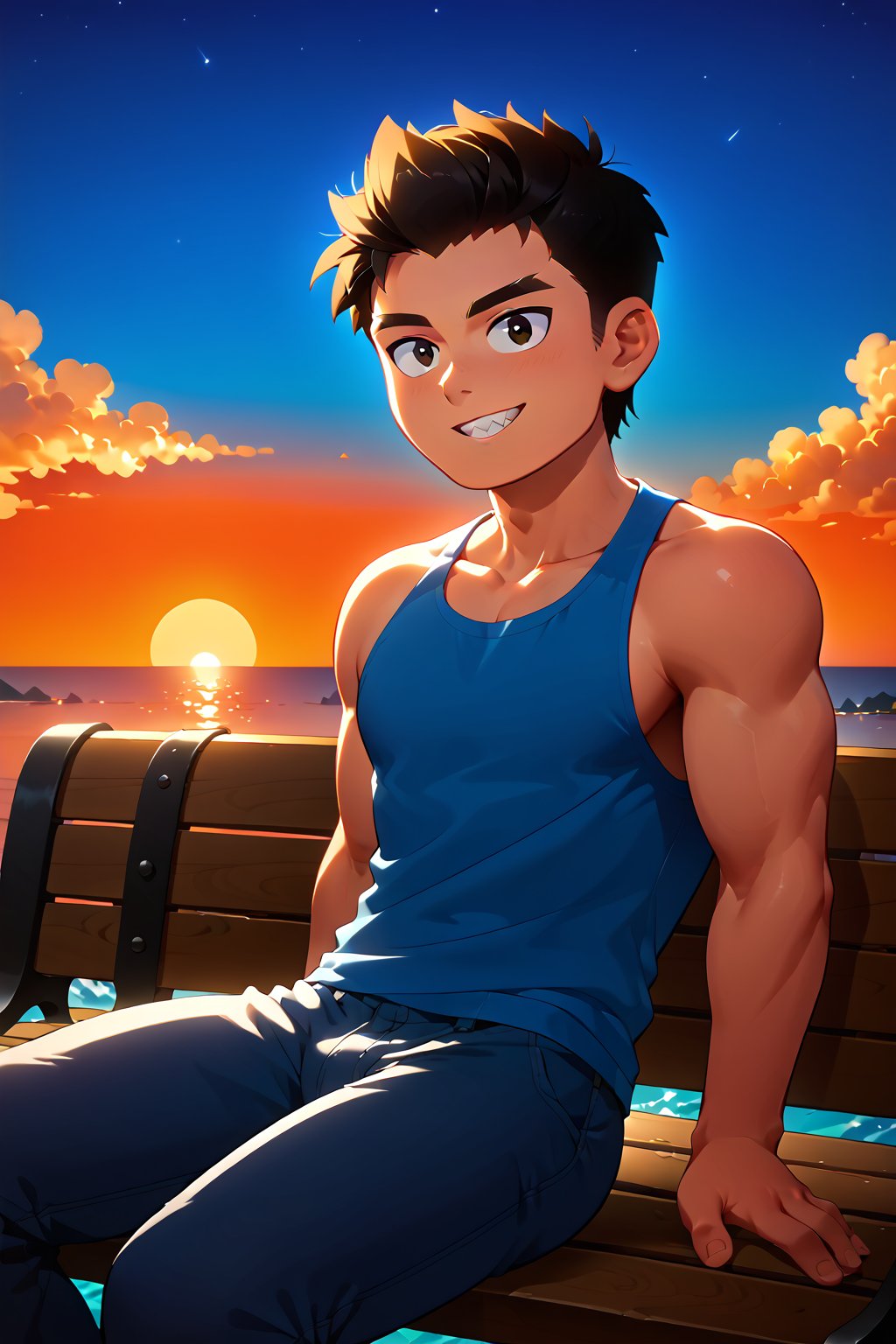 asian boy sitting in a bench | image created by Talhax5 | Tensor.Art