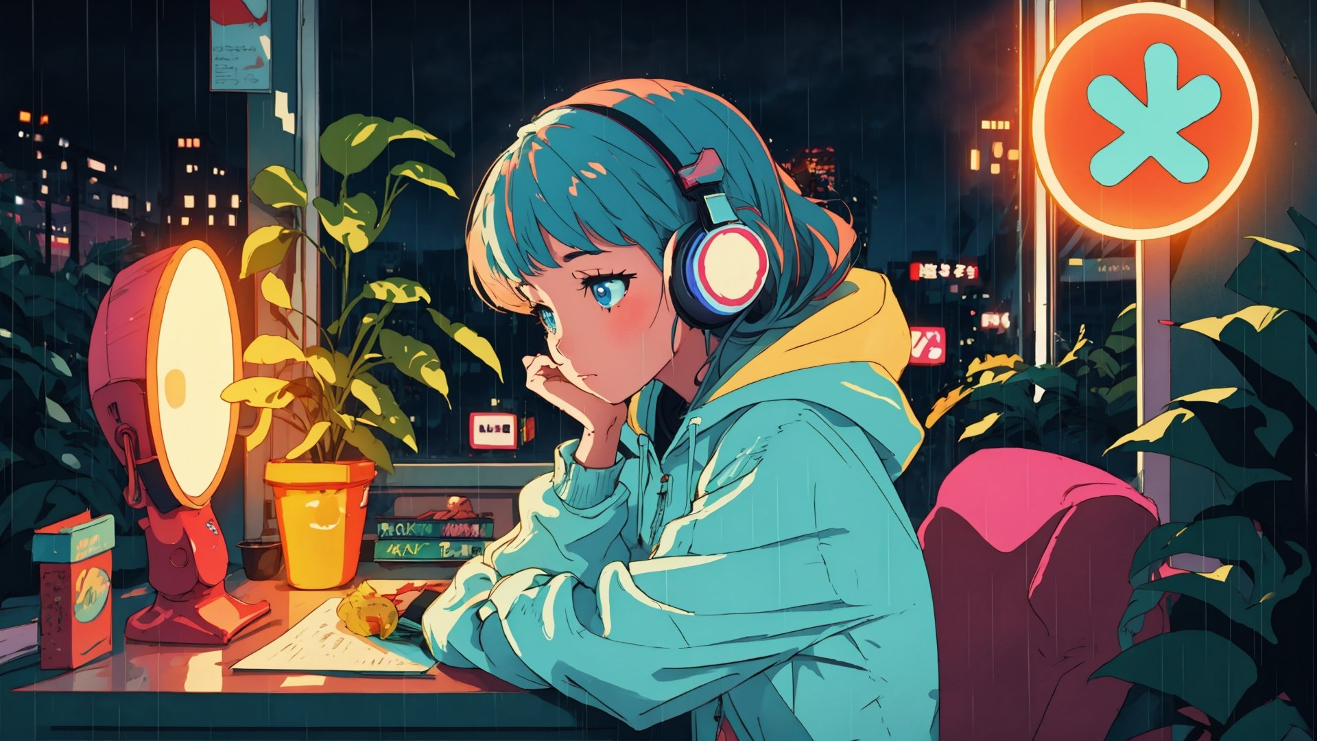 1girl, headphone, study table, | image created by Ai Art Vision ...