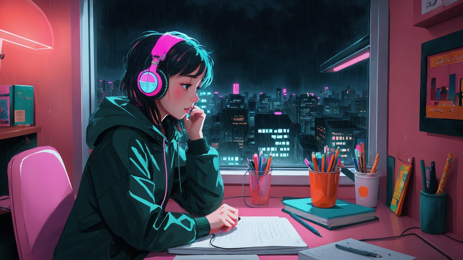 1girl, headphone, study table, | image created by Ai Art Vision ...