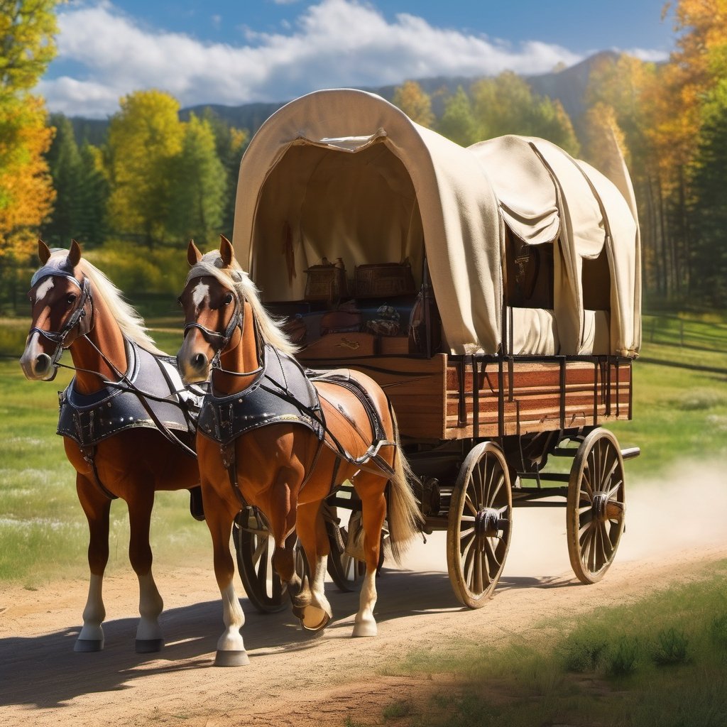 Horses pulling a wagon | image created by Whimsical Artist | Tensor.Art