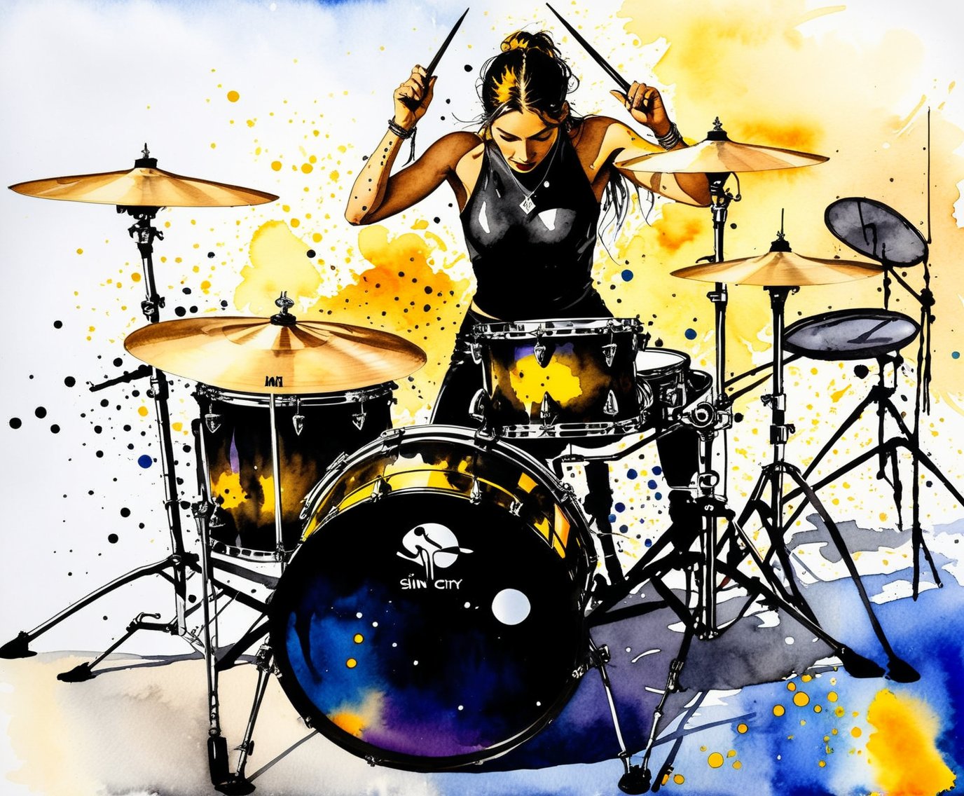 a drummer girl on a beach (1/8 | image created by EclipseKww | Tensor.Art