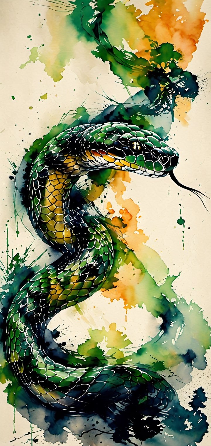 snake, color, ink, Chinese ink | image created by BLESSLJH | Tensor.Art