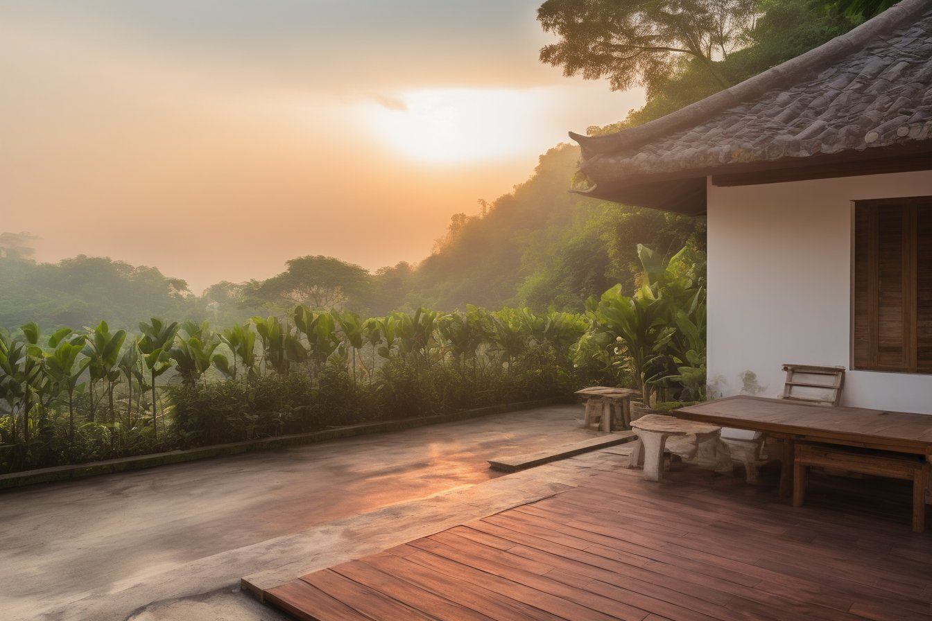 Vietnam house, backyard, dawn, | image created by SuperUltraMega ...
