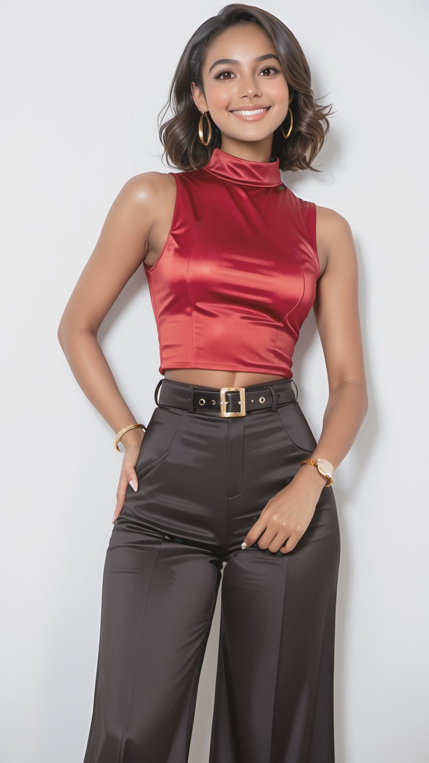 Red Satin Top and Black Pants/ | image created by Wackipeed | Tensor.Art