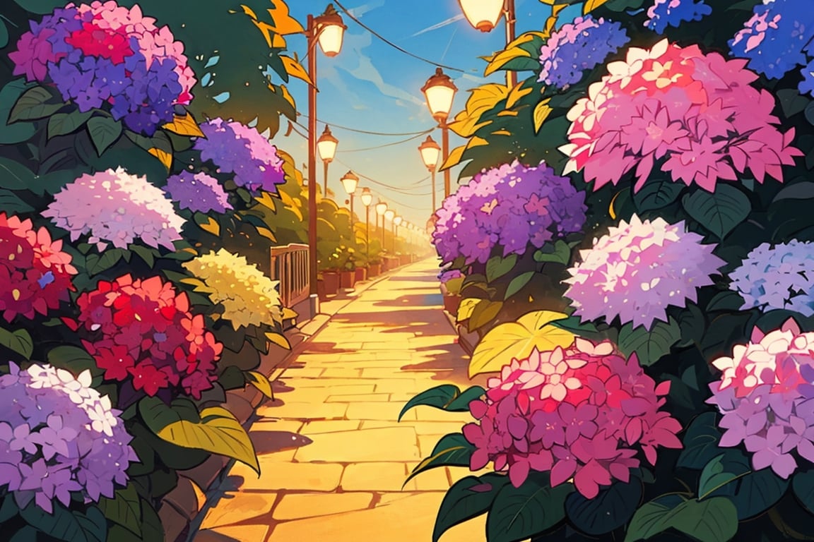 hydrangeas, street lamps, hill | image created by 靜川湊 | Tensor.Art