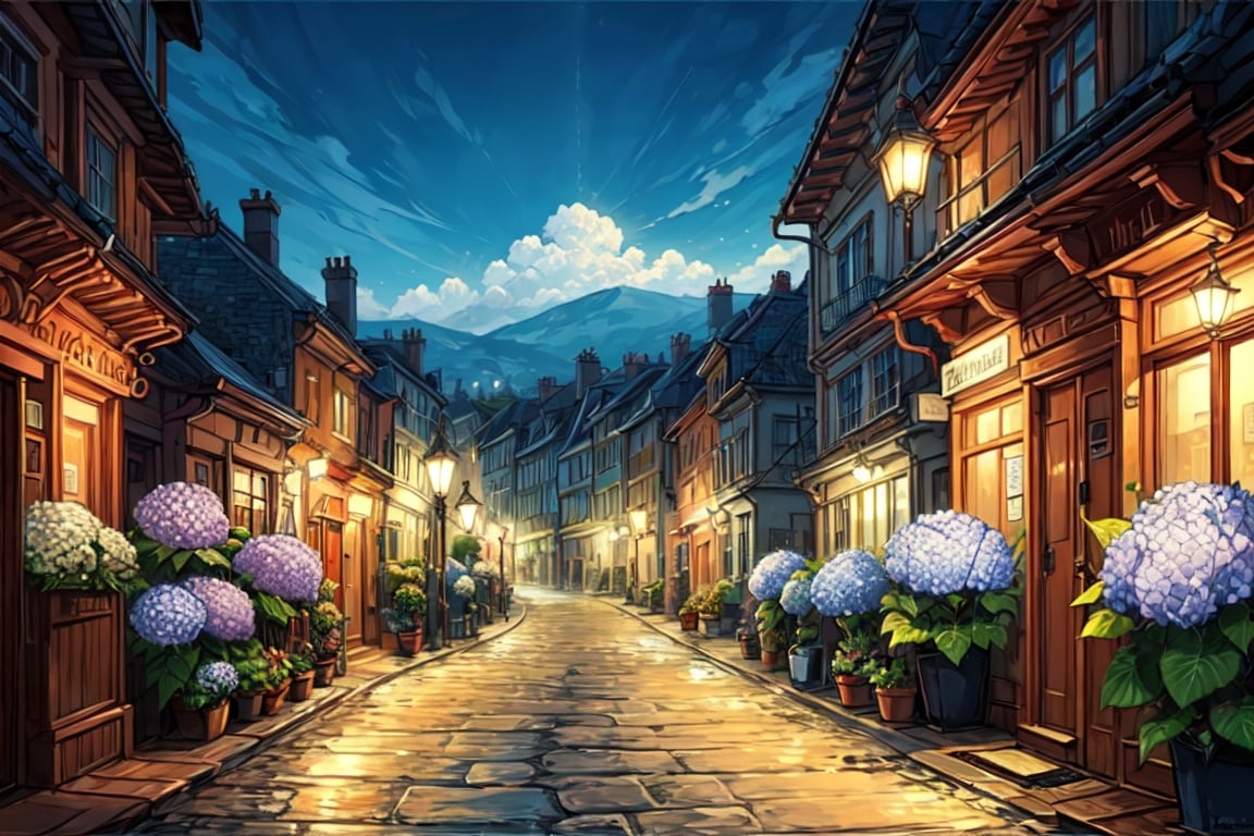 hydrangeas, street lamps, hill | image created by 靜川湊 | Tensor.Art
