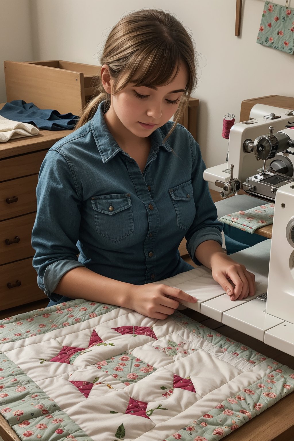 Young woman making a quilt. | image created by TALON | Tensor.Art