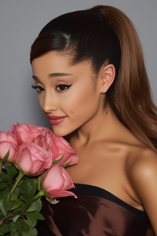 Ariana Grande holding pink ros | image created by 𝒫𝓇𝒾𝓃𝒸𝑒𝓈𝓈 ♡ | Tensor.Art