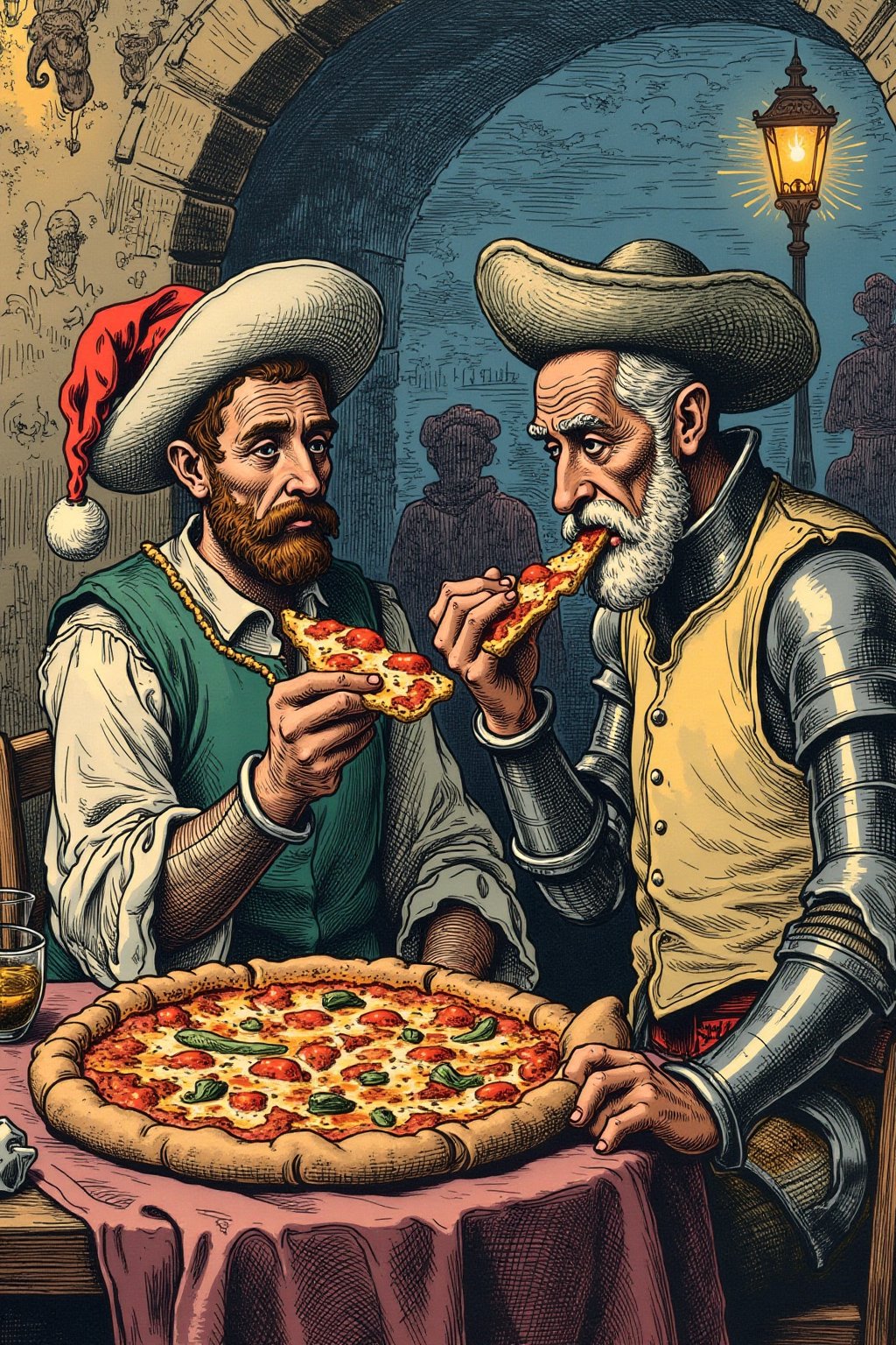 Close up of two men eating piz | image created by NobodyButMeowie ...