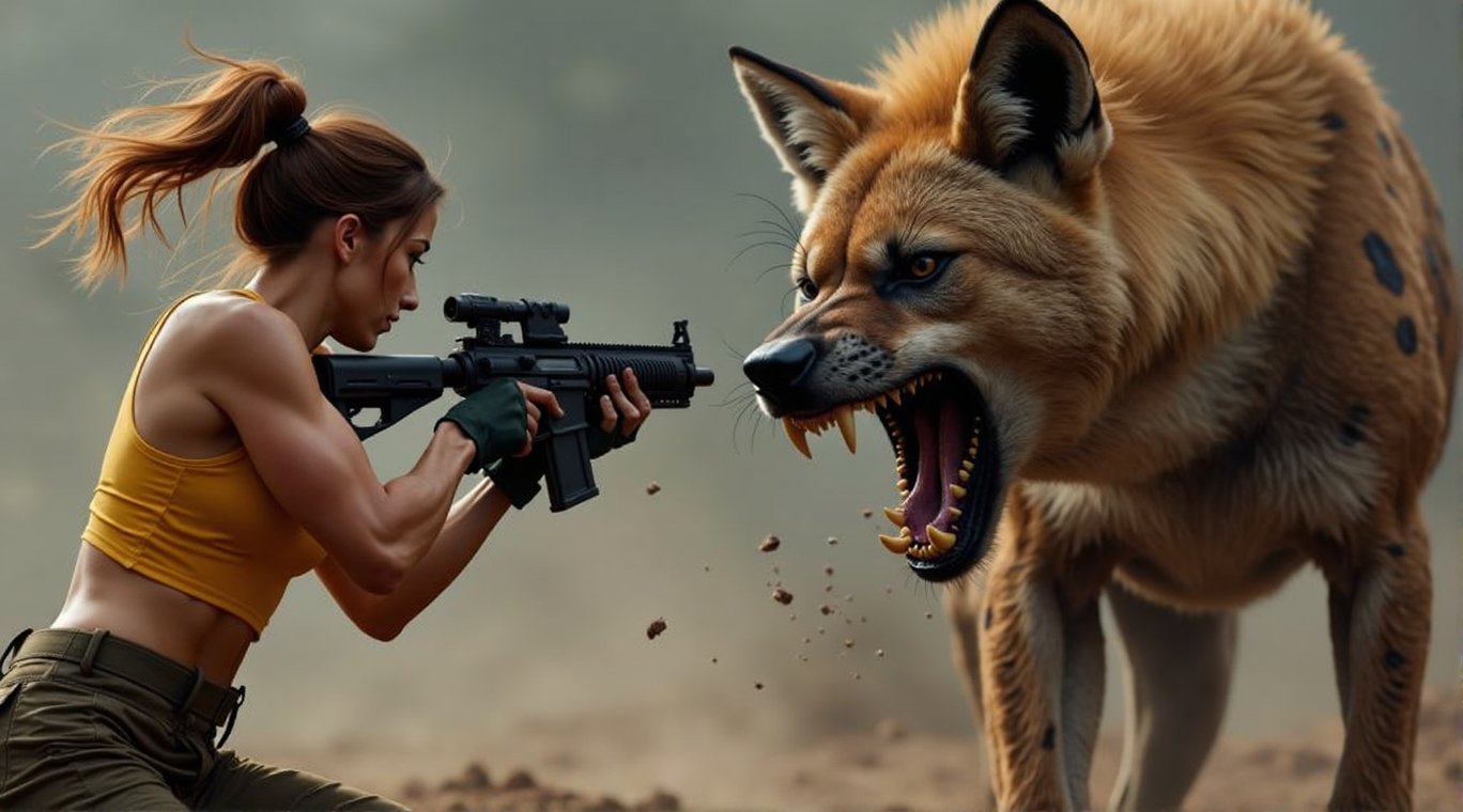 Sarah versus Monster Dog - W | image created by Tom | Tensor.Art