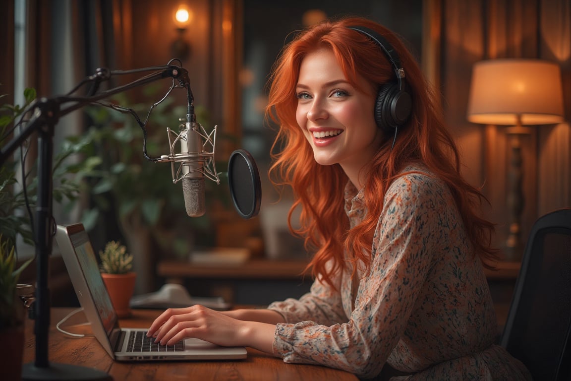 "A woman in a podcast studio | image created by reemual | Tensor.Art