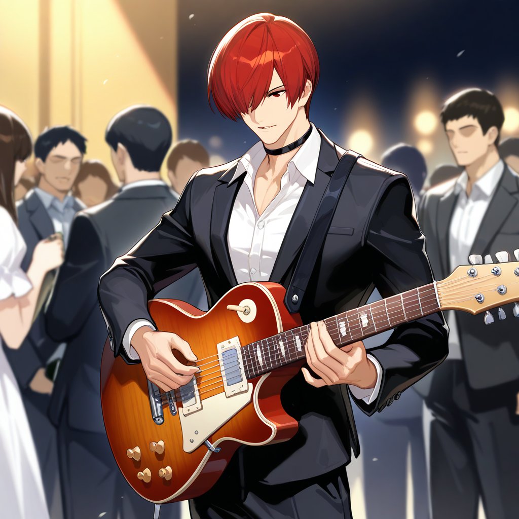 Iori Yagami in a suit playing | image created by KUSANAGI | Tensor.Art
