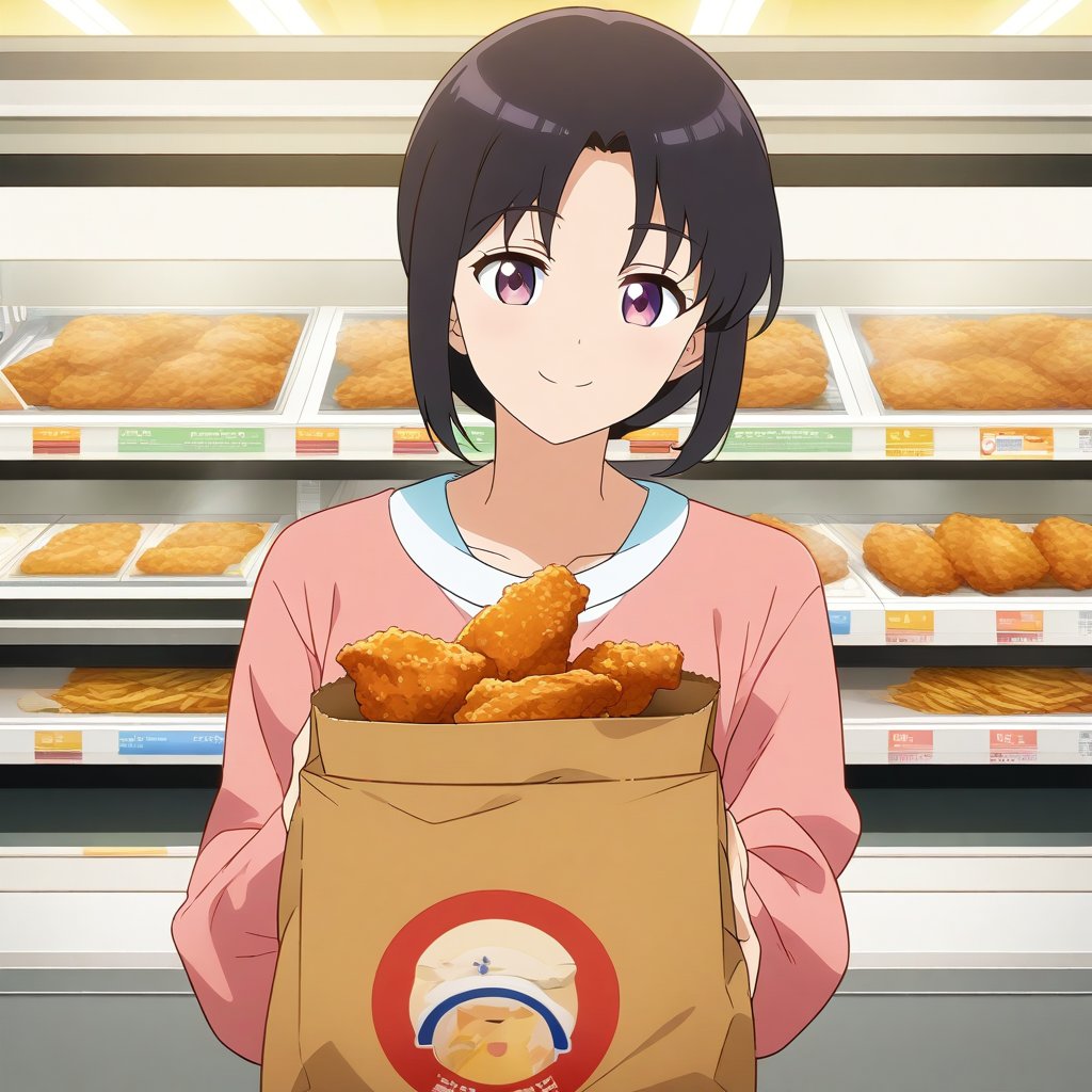 Woman holding a bag of fried c | image created by KUSANAGI | Tensor.Art