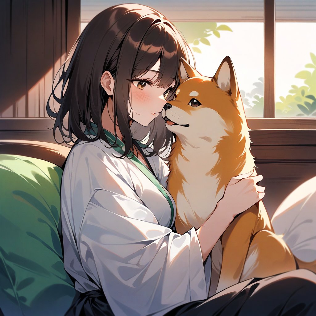Cute woman hugging a Shiba Inu | image created by KUSANAGI | Tensor.Art