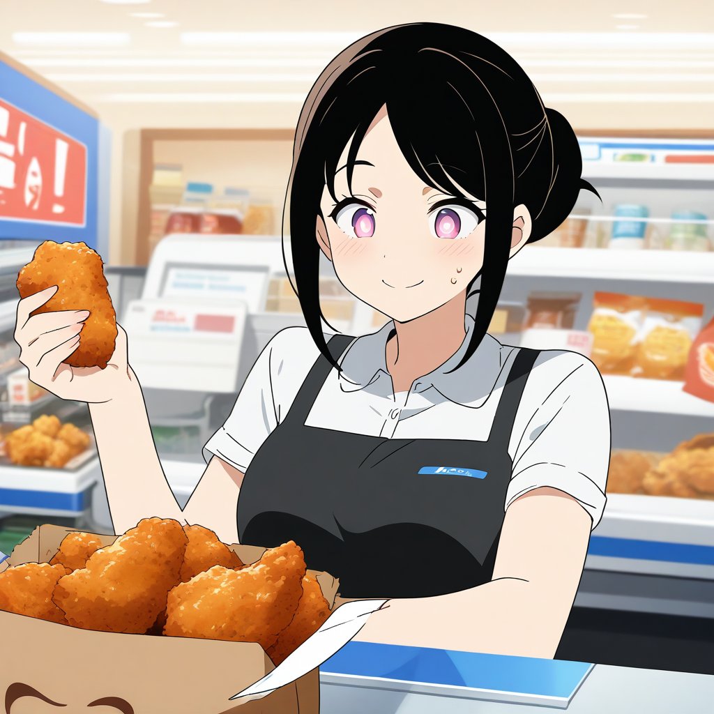 Woman putting fried chicken in | image created by KUSANAGI | Tensor.Art