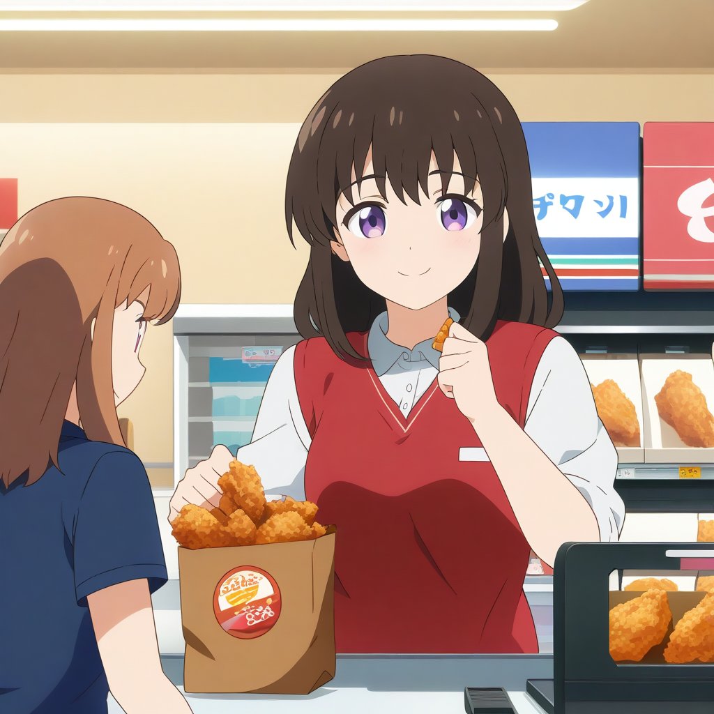 Woman putting fried chicken in | image created by KUSANAGI | Tensor.Art