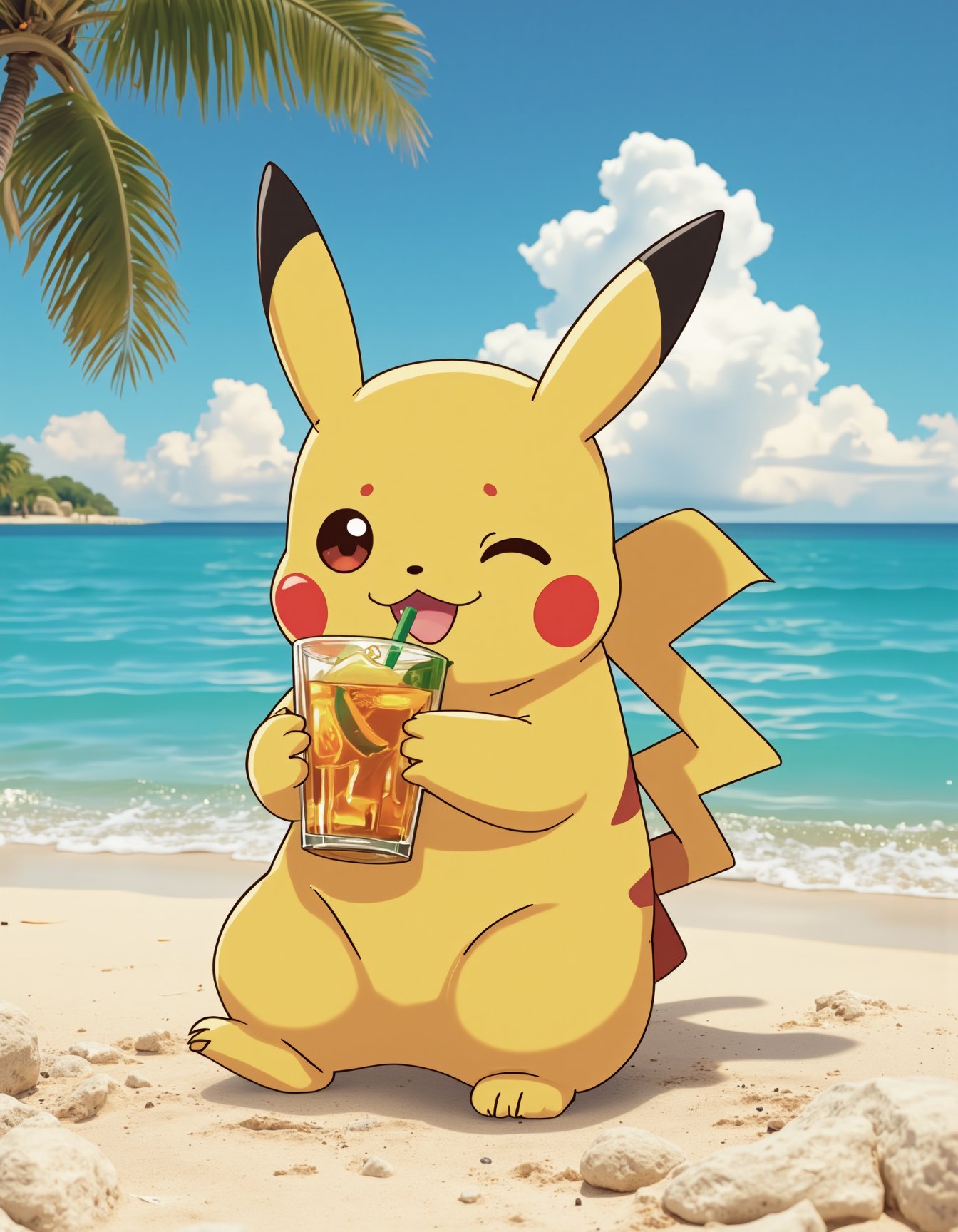 Pikachu landed on a beach in M | image created by GKAnon | Tensor.Art