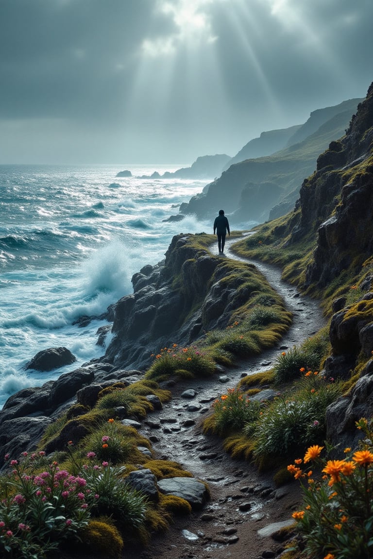 A wide, rocky stretch of coast | image created by Jennifer | Tensor.Art