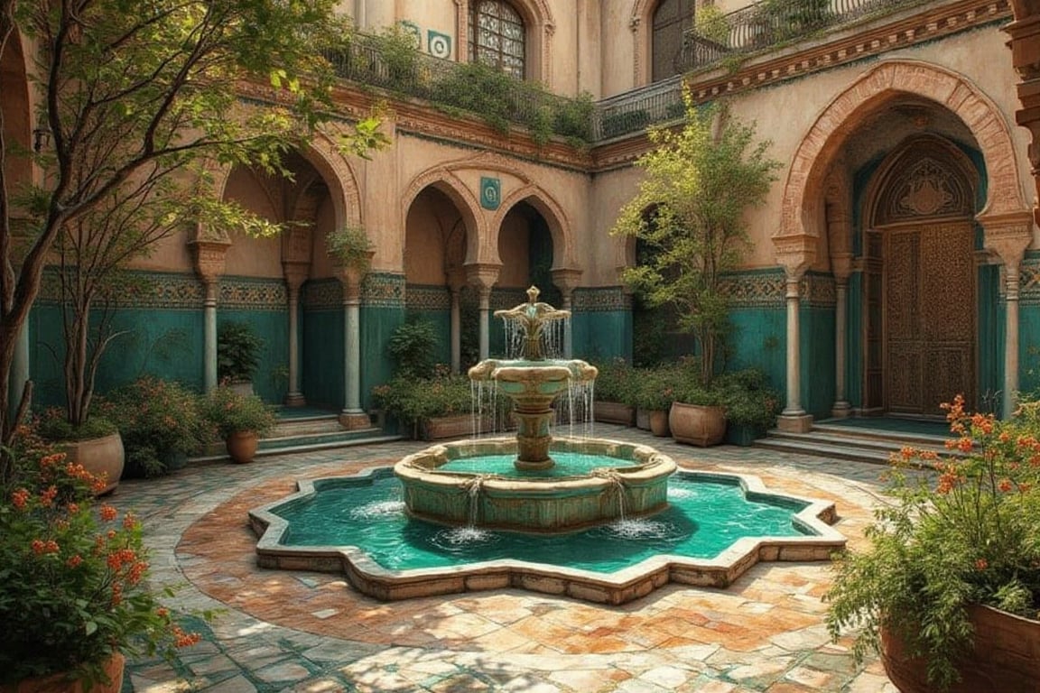 A serene courtyard with a deco | image created by Poloniya | Tensor.Art