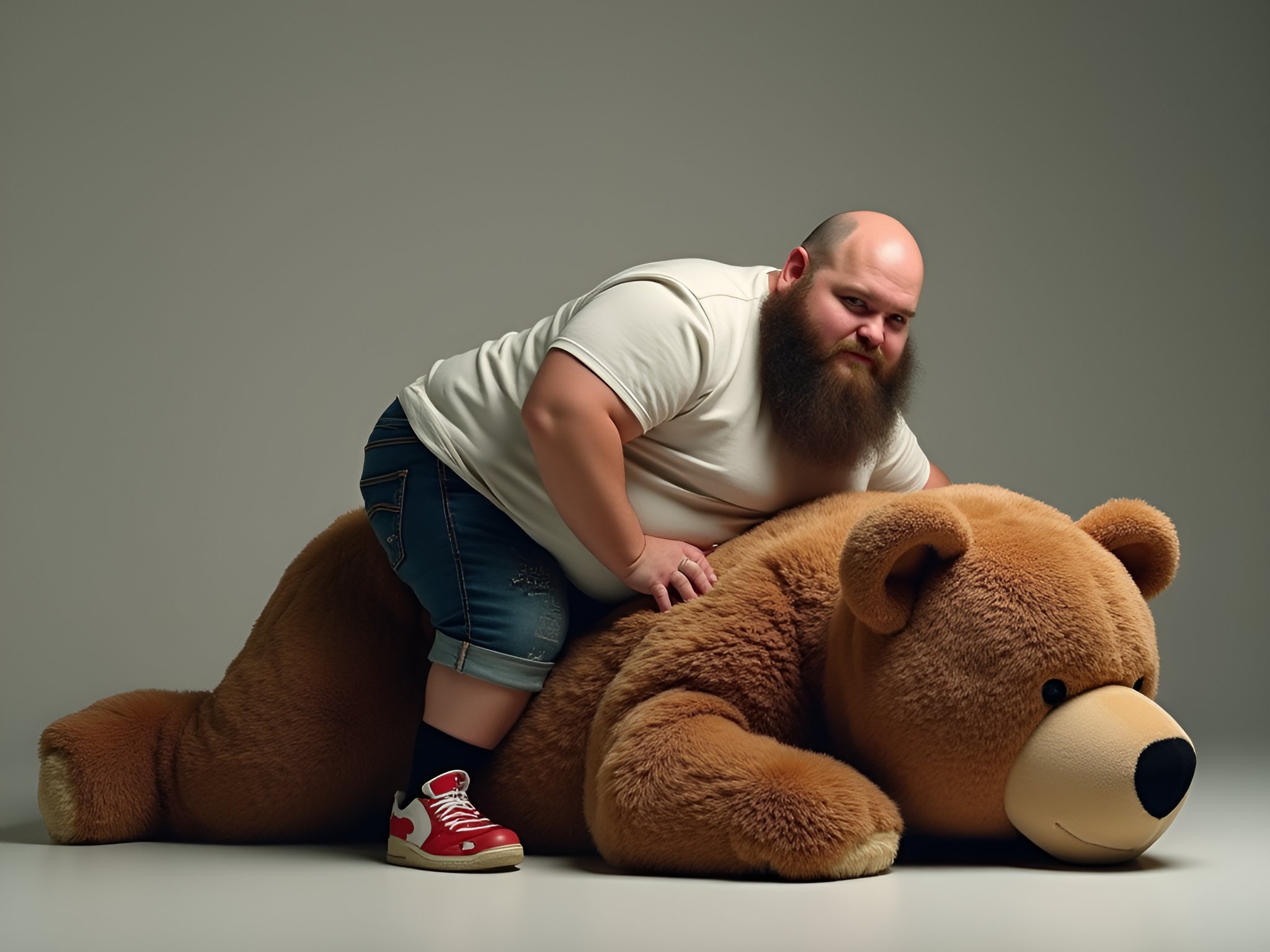 Fat man over a big plush bear | image created by user ...