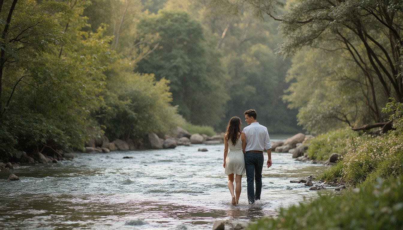 Couple Wading Through a River | image created by GreatWall | Tensor.Art