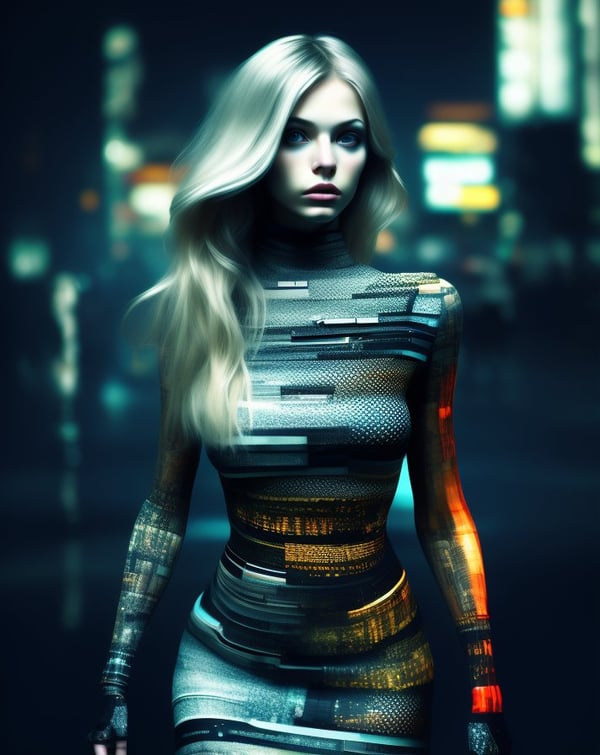 blonde, woman, glitch dress, d | image created by | Tensor.Art