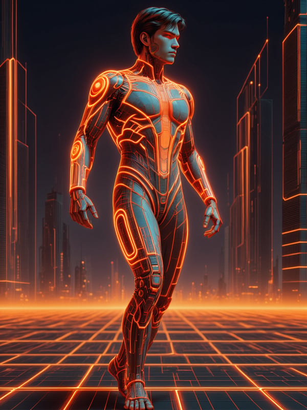 man, red glowing outlines, ora | image created by | Tensor.Art