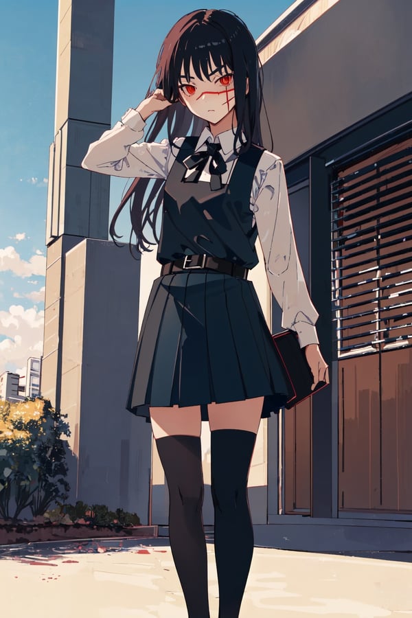 Red eyes,scar,girl,school clot | image created by | Tensor.Art
