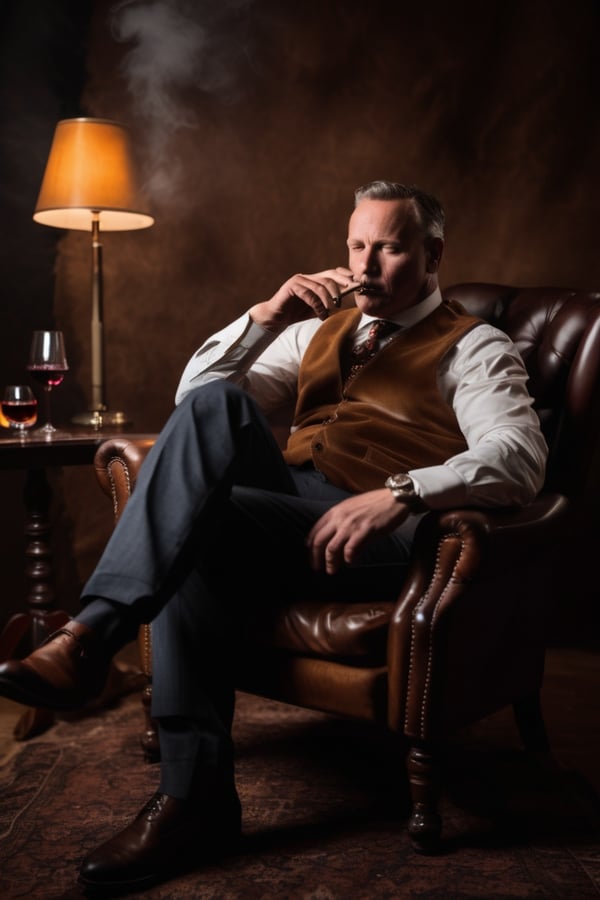 powerful man sitting on leathe | image created by | Tensor.Art