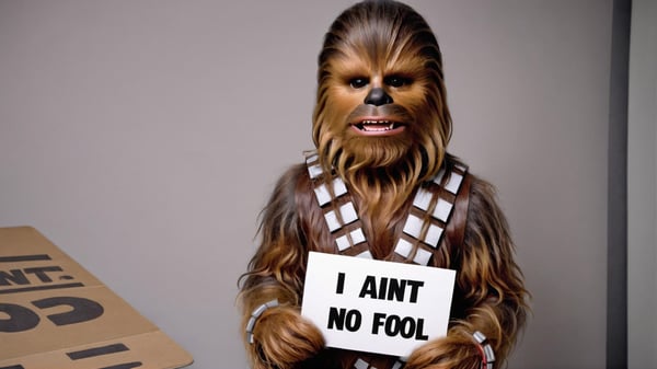 Photo of Chewbacca with a sign | image created by | Tensor.Art