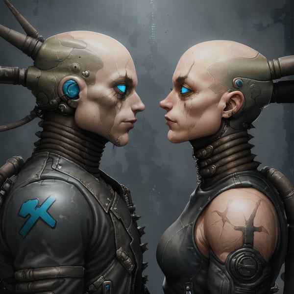 a painting of two cyborgs faci | image created by | Tensor.Art