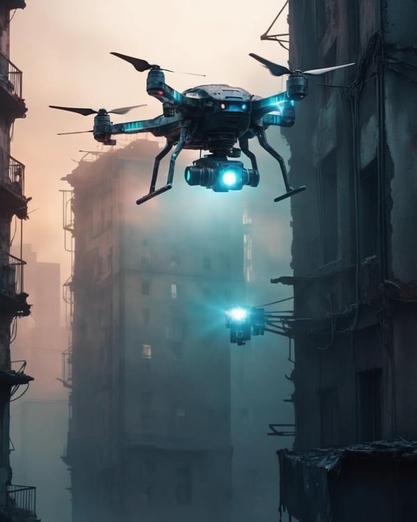 Hovering police drone, its sea | image created by | Tensor.Art