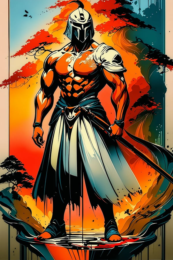 Very badass warrior in sunset, | image created by | Tensor.Art